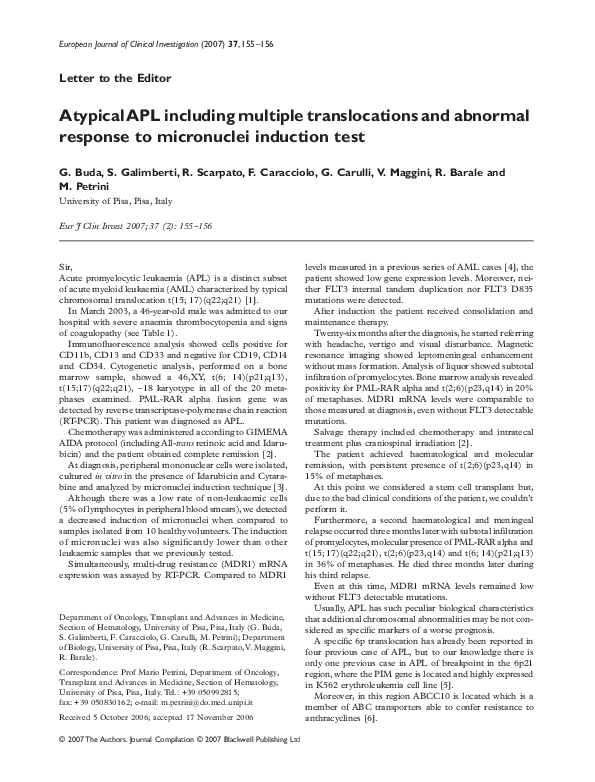(PDF) Atypical APL including multiple translocations and abnormal ...