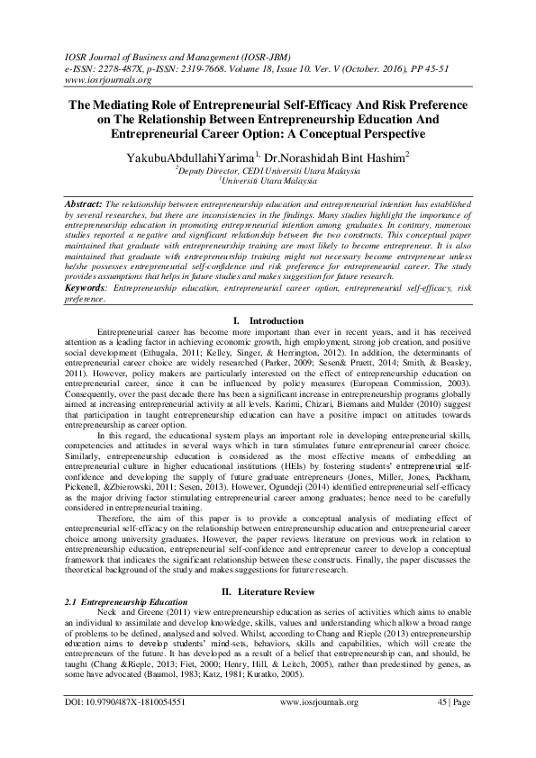 (PDF) The Mediating Role of Entrepreneurial Self-Efficacy And Risk Preference on The ...
