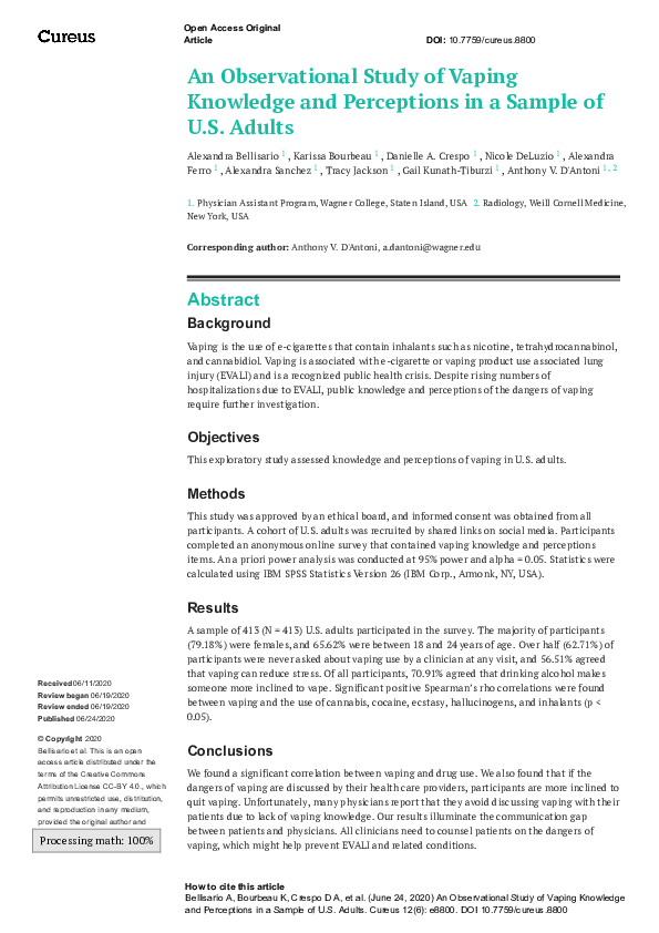 (PDF) An Observational Study of Vaping Knowledge and Perceptions in a ...