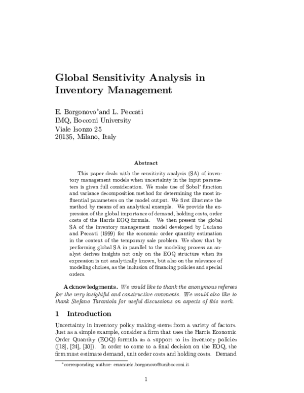 (PDF) Global sensitivity analysis in inventory management | Emanuele ... (PDF) Global sensitivity analysis in inventory management | Emanuele ...