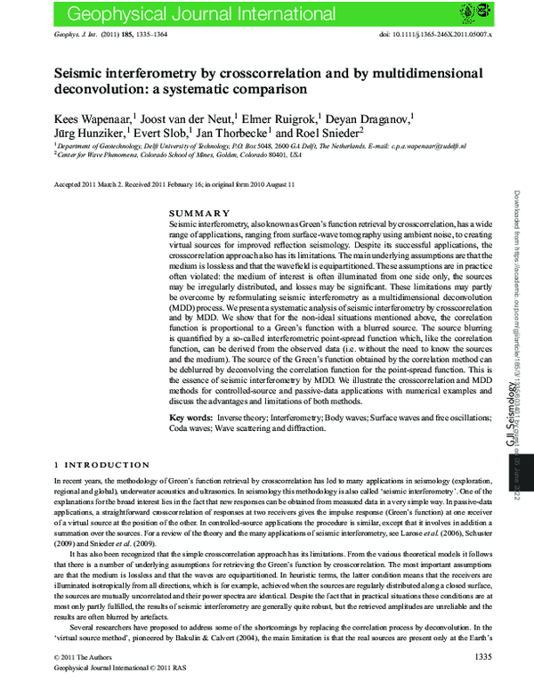 (PDF) Seismic interferometry by crosscorrelation and by multidimensional deconvolution: a ...