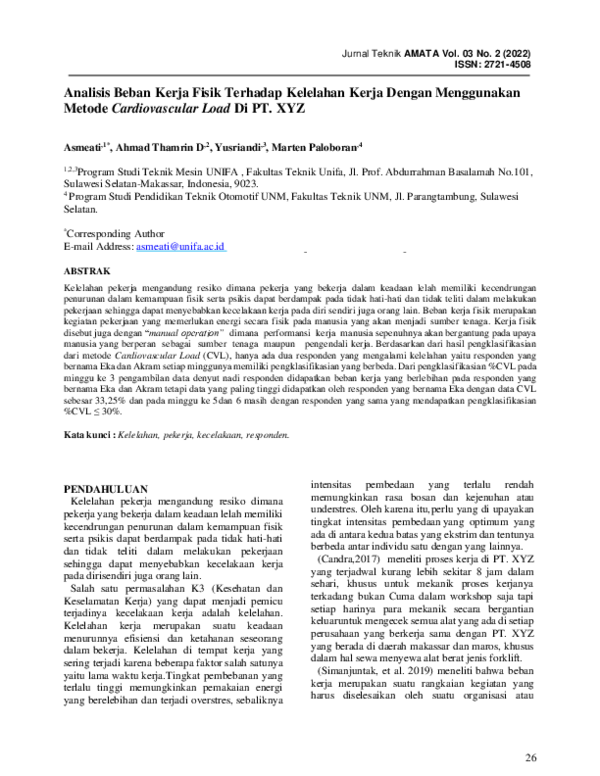 (PDF) Analisis Beban Kerja Fisik Terhadap Kelelahan Kerja Dengan Menggunakan Metode ...