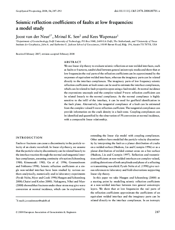 (PDF) Seismic reflection coefficients of faults at low frequencies: a model study