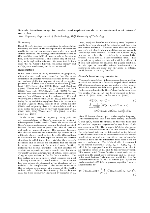 (PDF) Seismic interferometry for passive and exploration data: Reconstruction of internal multiples