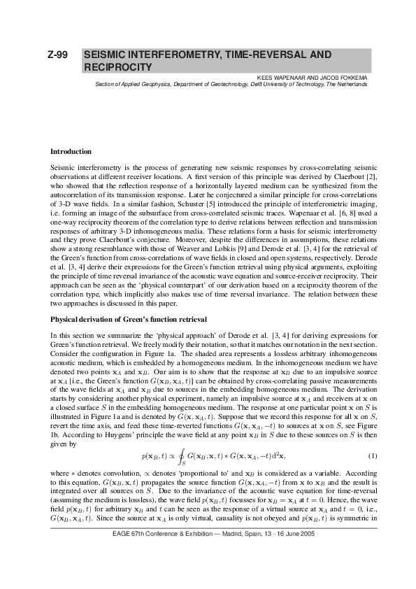 (PDF) Seismic Interferometry, Time-Reversal and Reciprocity