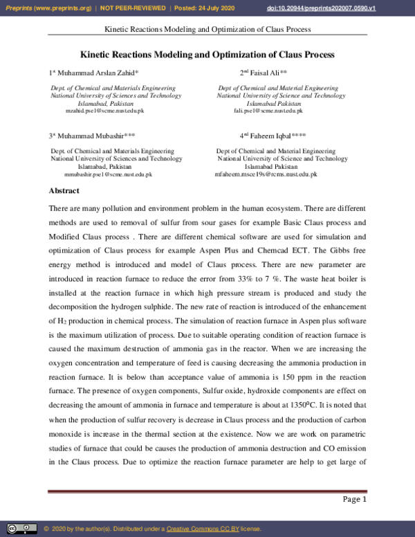 (PDF) Kinetic Reactions Modeling and Optimization of Claus Process
