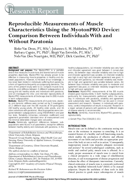 (PDF) Reproducible Measurements of Muscle Characteristics Using the MyotonPRO Device: Comparison ...