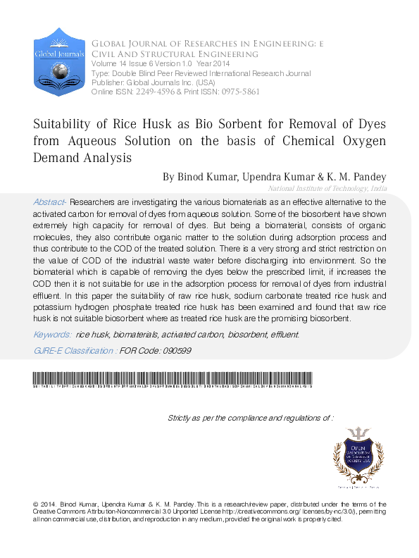(PDF) Suitability of Rice Husk as Biosorbent for Removal of Dyes from Aqueous Solution on the ...