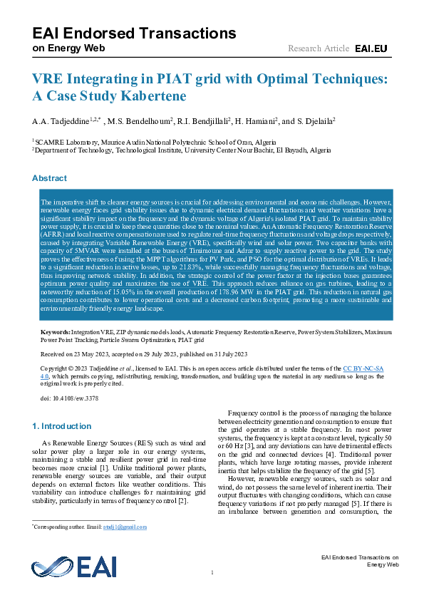 (PDF) VRE Integrating in PIAT grid with aFRR using PSS, MPPT, and PSO ...