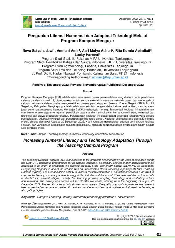 (PDF) Penguatan Literasi Numerasi dan Adaptasi Teknologi Melalui Program Kampus Mengajar