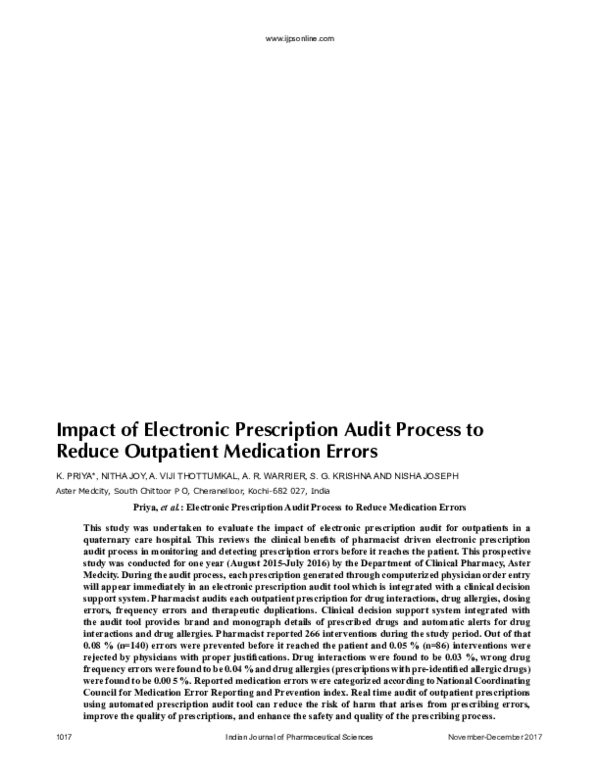 (PDF) Impact of Electronic Prescription Audit Process to Reduce Outpatient Medication Errors