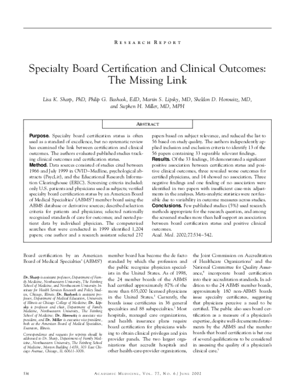 (PDF) Specialty Board Certification and Clinical Outcomes