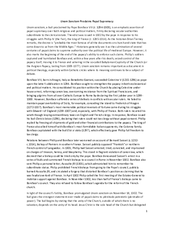 (PDF) Unam Sanctam Proclaims Papal Supremacy