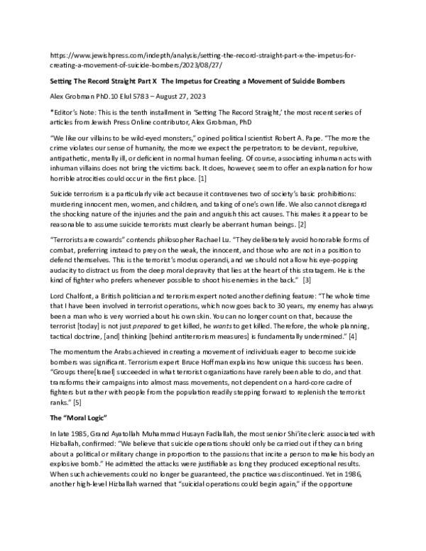 (DOC) Setting The Record Straight Part X The Impetus for Creating a Movement of Suicide Bombers ...