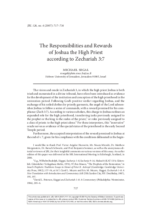 (PDF) The Responsibilities and Rewards of Joshua the High Priest ...