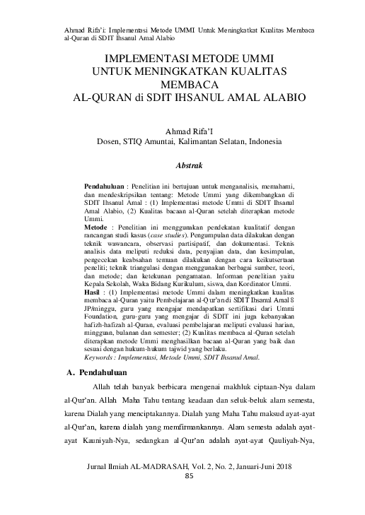 (PDF) IMPLEMENTASI METODE UMMI UNTUK MENINGKATKAN KUALITAS MEMBACA AL ...