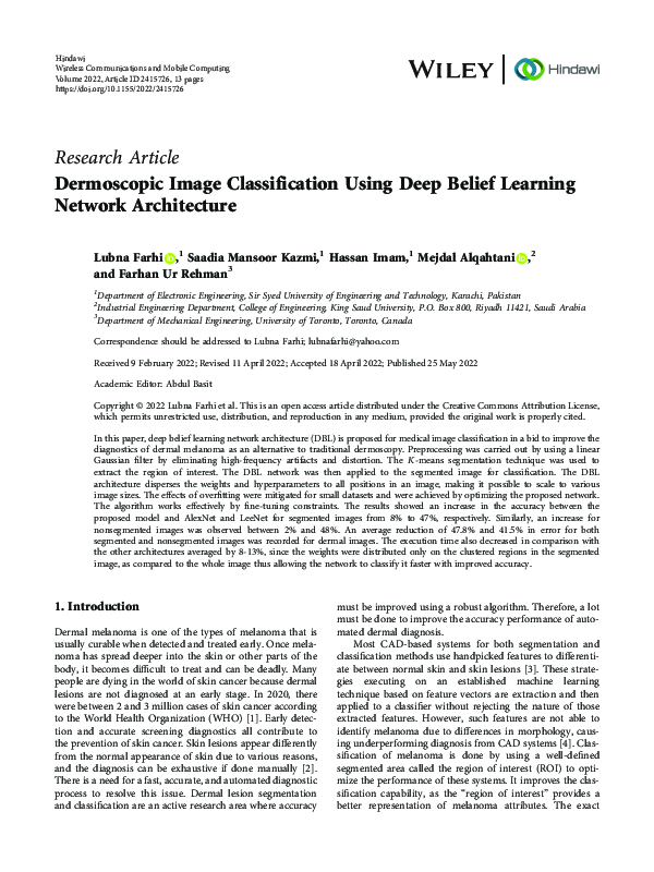 (PDF) Dermoscopic Image Classification Using Deep Belief Learning Network Architecture