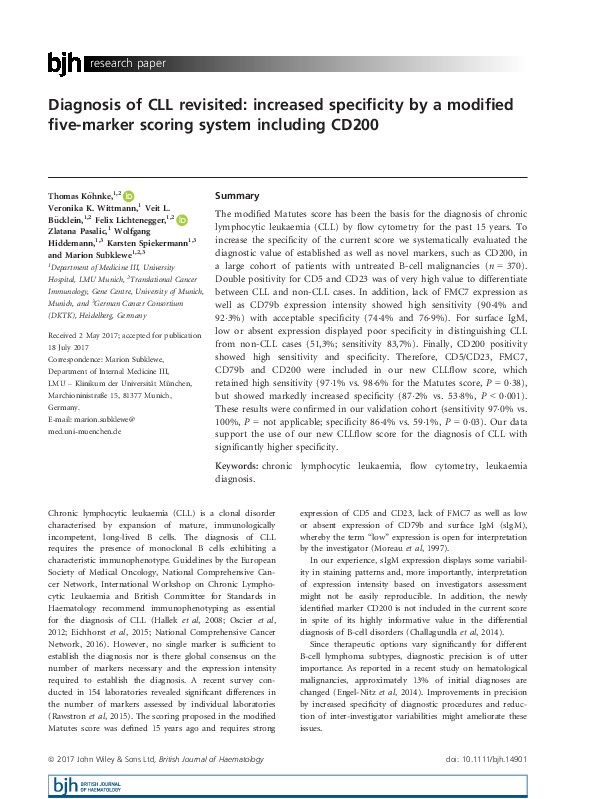 (PDF) Diagnosis of CLL revisited: increased specificity by a modified five-marker scoring system ...
