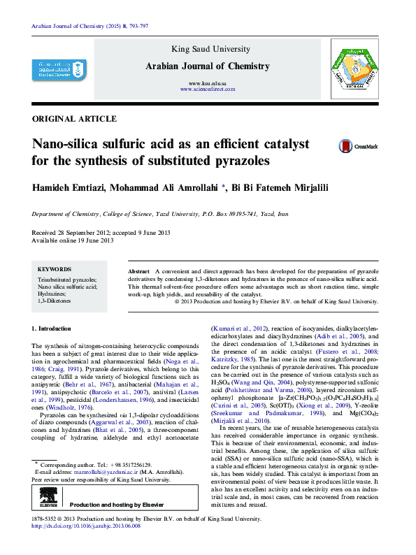 (PDF) Nano-silica sulfuric acid as an efficient catalyst for the synthesis of substituted pyrazoles