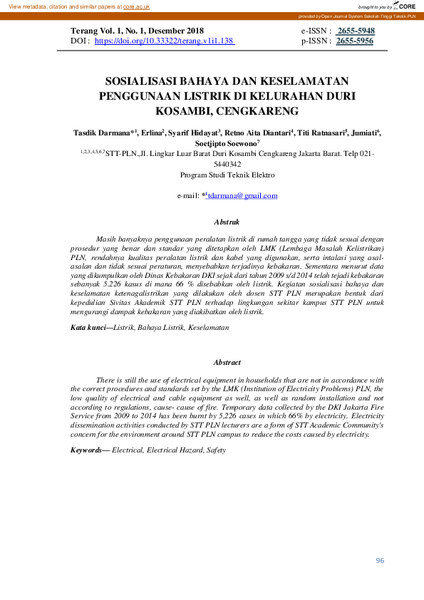 (PDF) Sosialisasi Bahaya Dan Keselamatan Penggunaan Listrik DI Kelurahan Duri Kosambi, Cengkareng