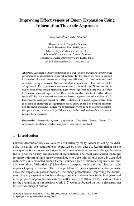 (PDF) Improving Effectiveness of Query Expansion Using Information Theoretic Approach