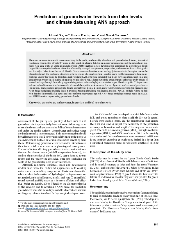(PDF) Prediction of groundwater levels from lake levels and climate data using ann approach ...