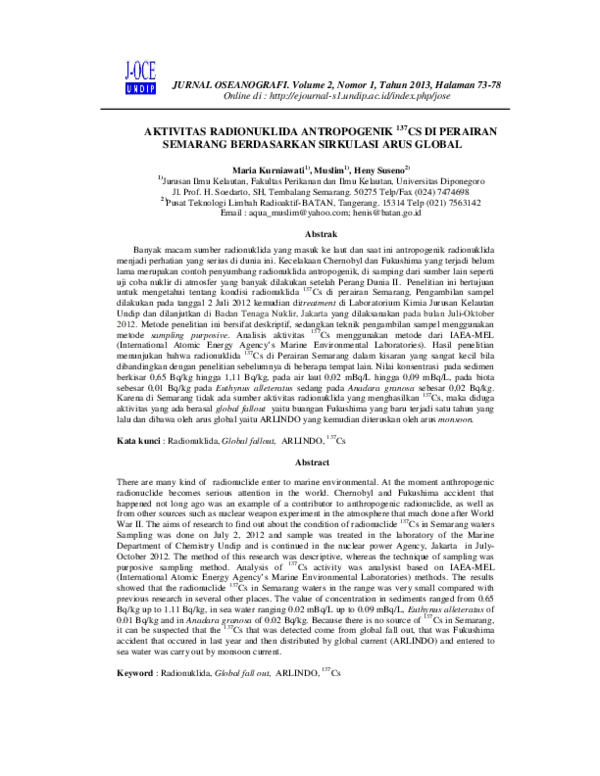 (PDF) Aktivitas Radionuklida Antropogenik 137CS DI Perairan Semarang ...
