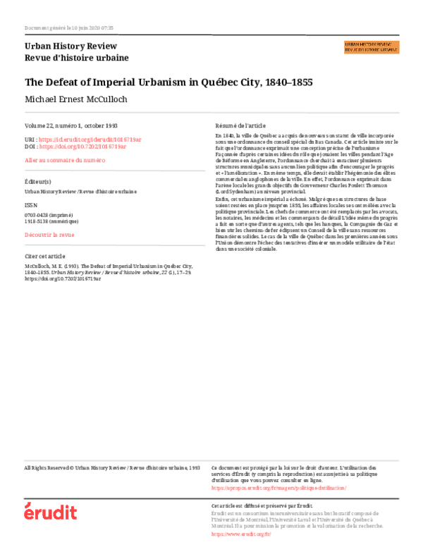 (PDF) The Defeat of Imperial Urbanism in Québec City, 1840–1855