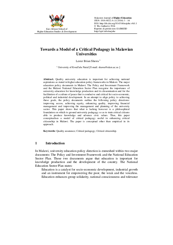 (PDF) Towards a Model of a Critical Pedagogy in Malawian Universities