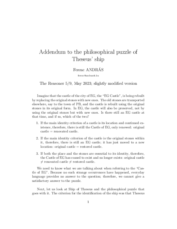 (PDF) Addendum to the philosophical puzzle of Theseus' ship