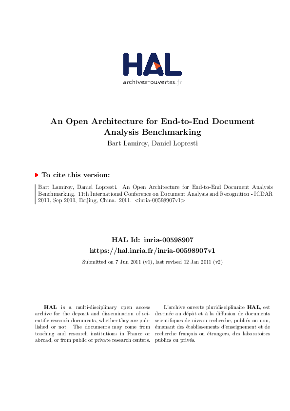 Pdf An Open Architecture For End To End Document Analysis Benchmarking Daniel Lopresti