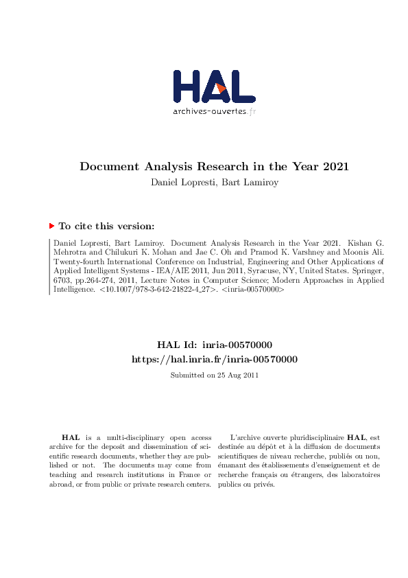 Pdf Document Analysis Research In The Year 2021 Daniel Lopresti