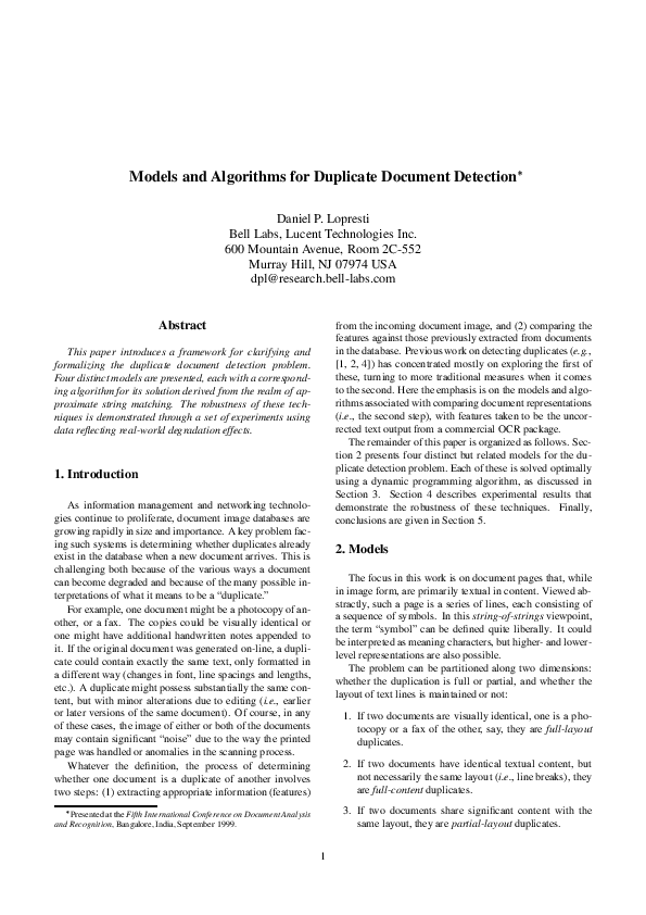 Pdf Models And Algorithms For Duplicate Document Detection Daniel Lopresti