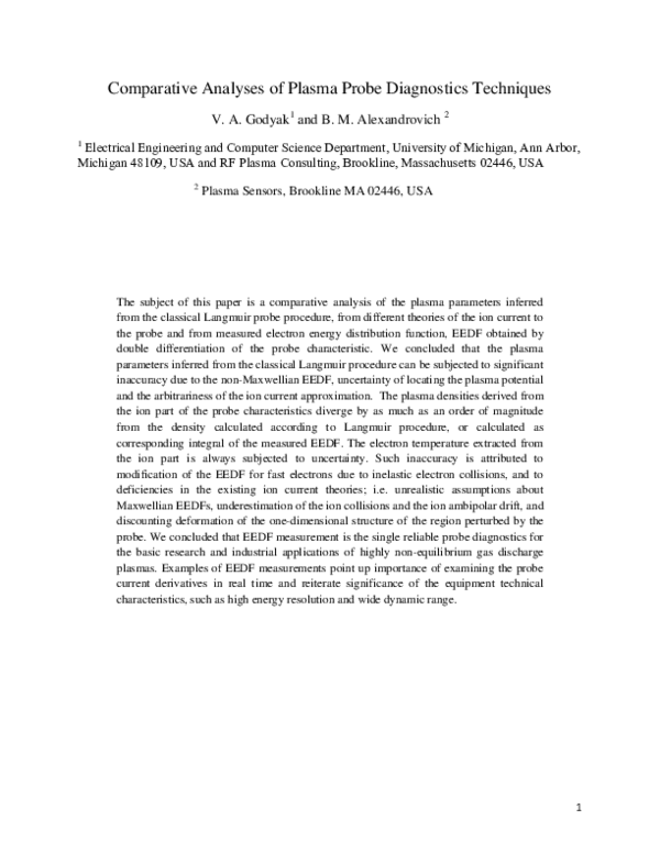 (PDF) Comparative analyses of plasma probe diagnostics techniques