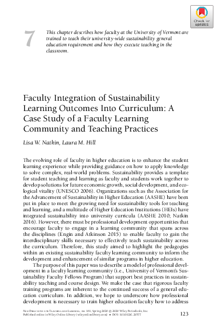 Pdf Faculty Integration Of Sustainability Learning Outcomes Into