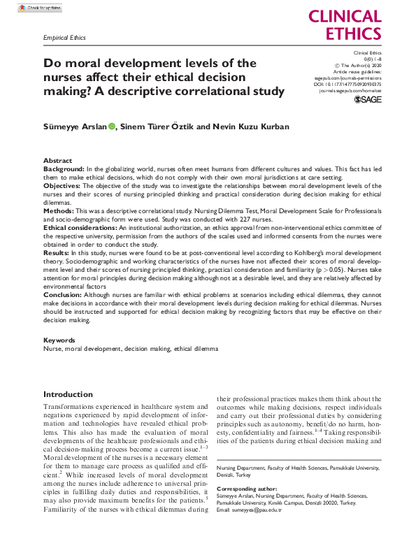 (PDF) Do moral development levels of the nurses affect their ethical decision making? A ...
