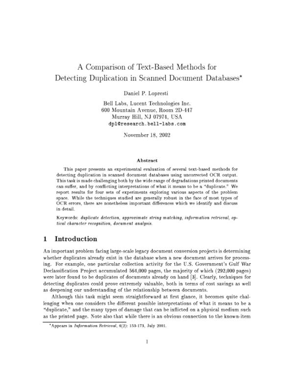 (PDF) Comparison of text-based methods for detecting duplication in document image databases
