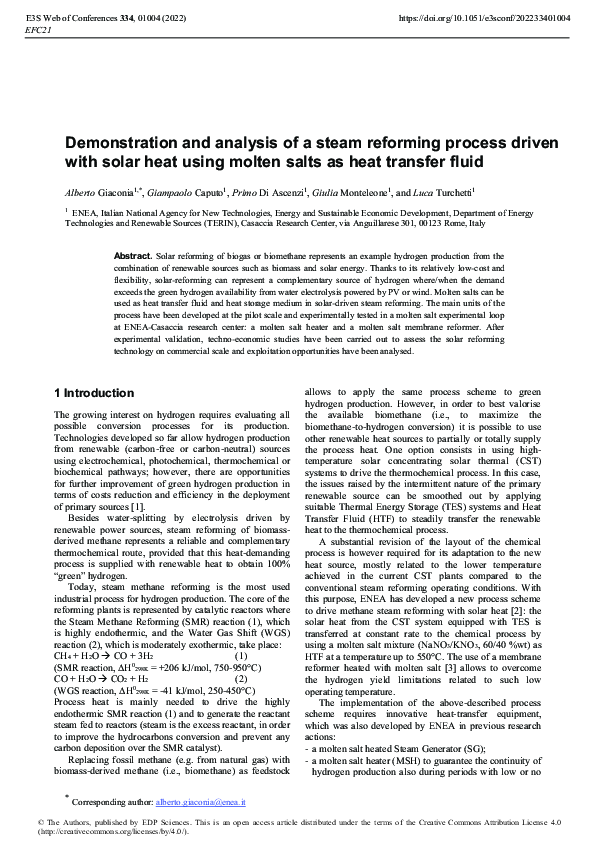 (PDF) Demonstration and analysis of a steam reforming process driven ...