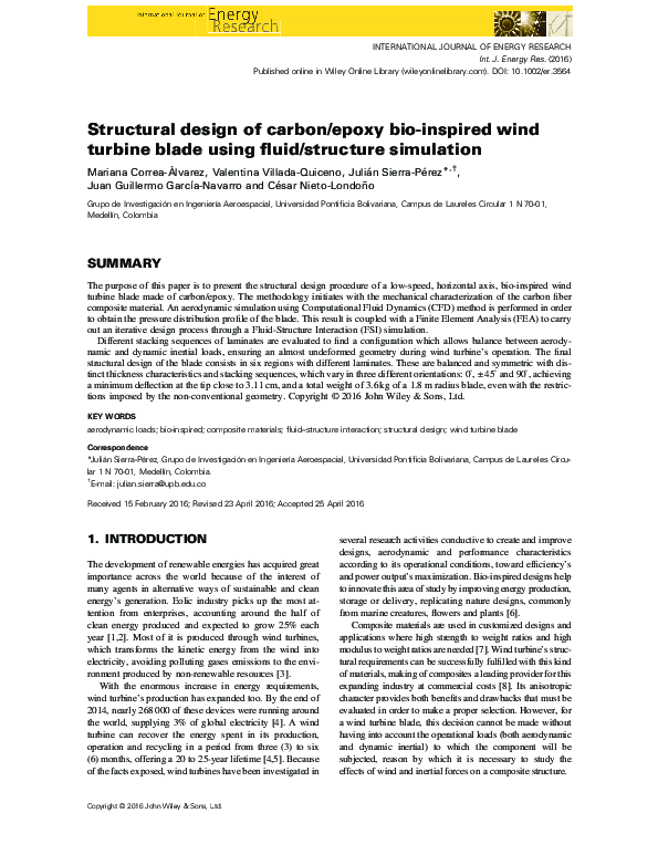 (PDF) Structural design of carbon/epoxy bio-inspired wind turbine blade using fluid/structure ...