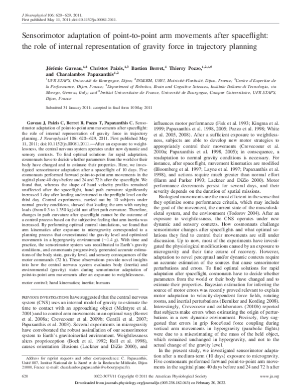 (PDF) Sensorimotor adaptation of point-to-point arm movements after spaceflight: the role of ...