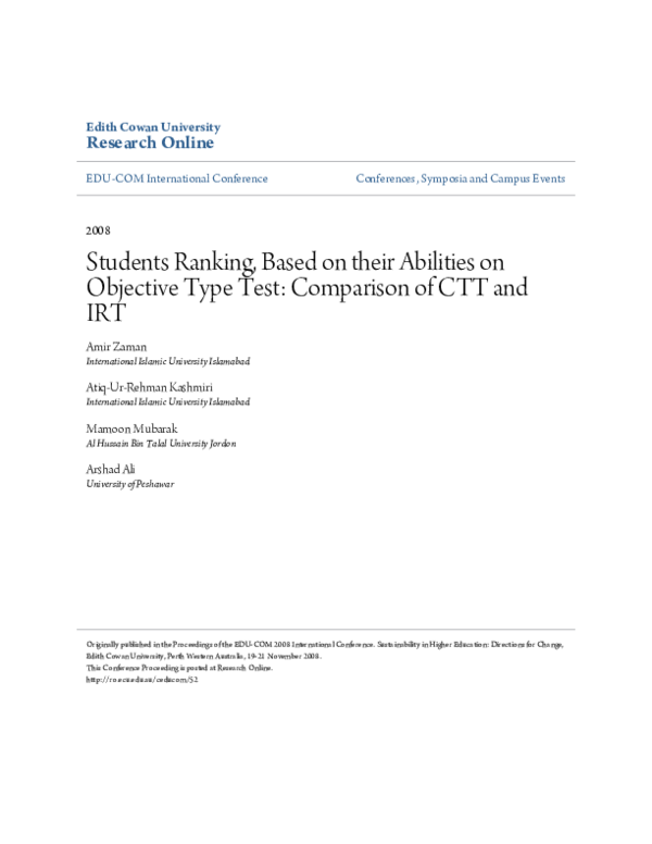 (PDF) Students Ranking, Based on their Abilities on Objective Type Test ...
