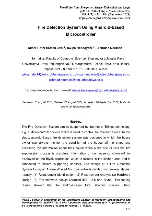 Pdf Fire Detection System Using Android Based Microcontroller Dwipa
