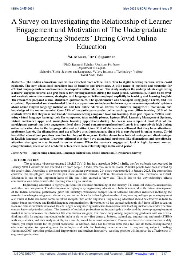 Pdf A Survey On Investigating The Relationship Of Learner Engagement And Motivation Of The