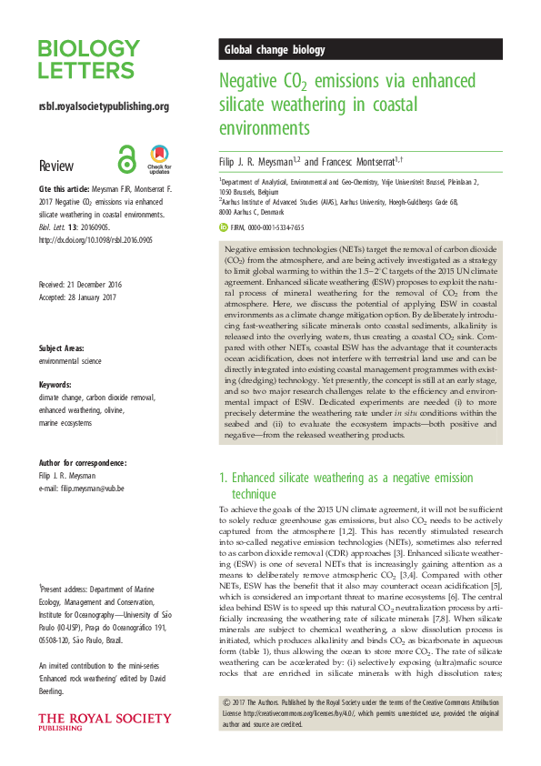 (PDF) Negative CO 2 emissions via enhanced silicate weathering in ...
