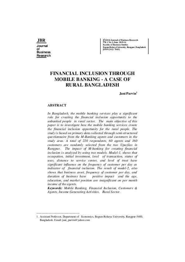 (PDF) Financial Inclusion Through Mobile Banking-A Case of Rural Bangladesh