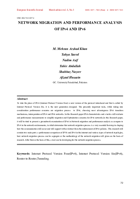 (PDF) NETWORK MIGRATION AND PERFORMANCE ANALYSIS OF IPv4 AND IPv6 | Shahbaz Nazeer - Academia.edu