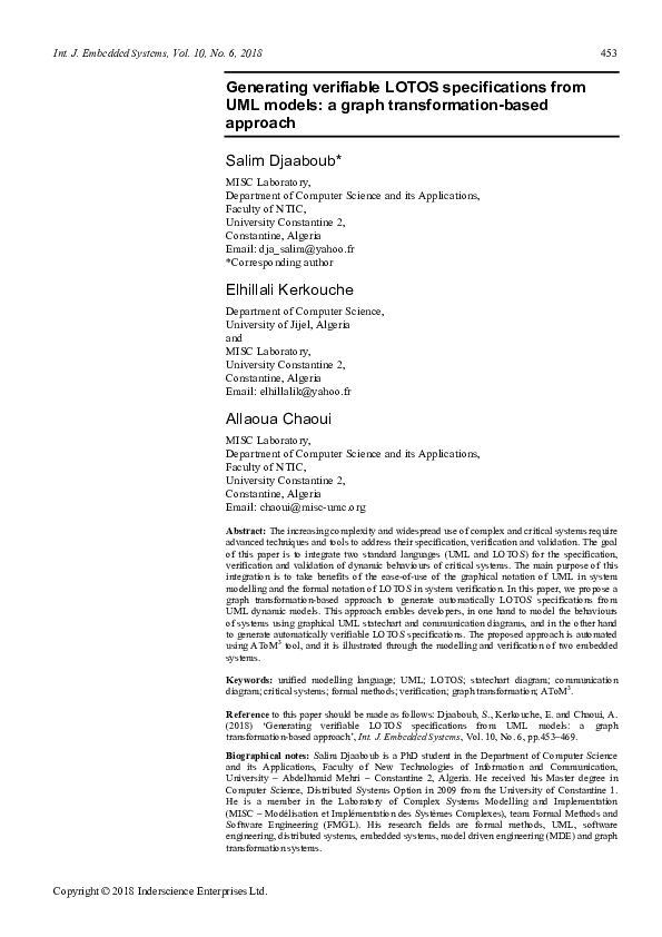Pdf Generating Verifiable Lotos Specifications From Uml Models A Graph Transformation Based