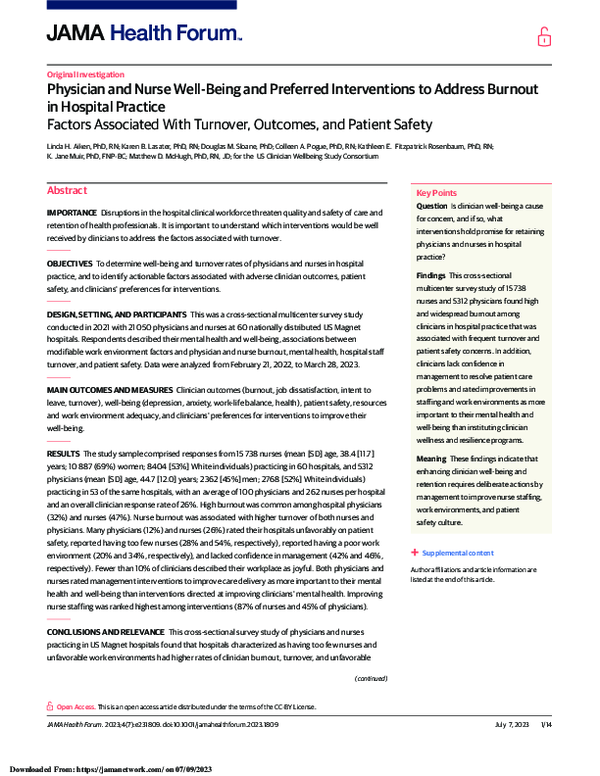 (PDF) Physician and Nurse Well-Being and Preferred Interventions to ...