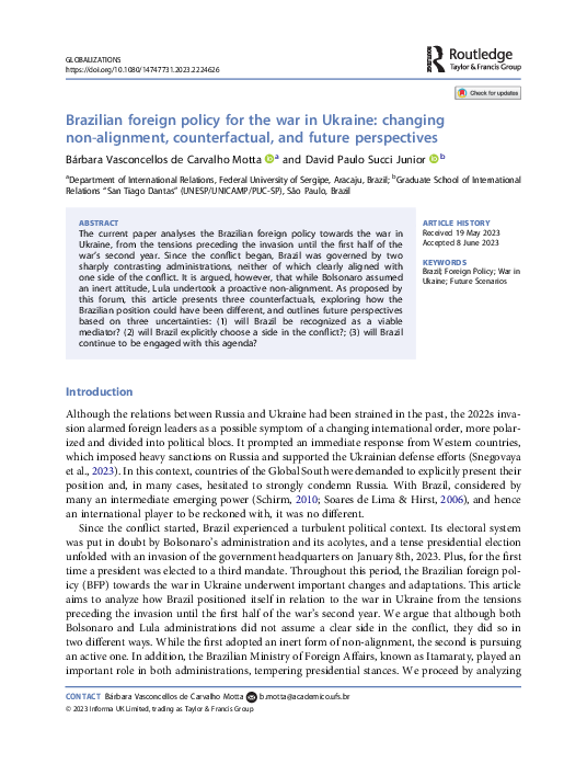 (PDF) Brazilian foreign policy for the war in Ukraine: changing non ...