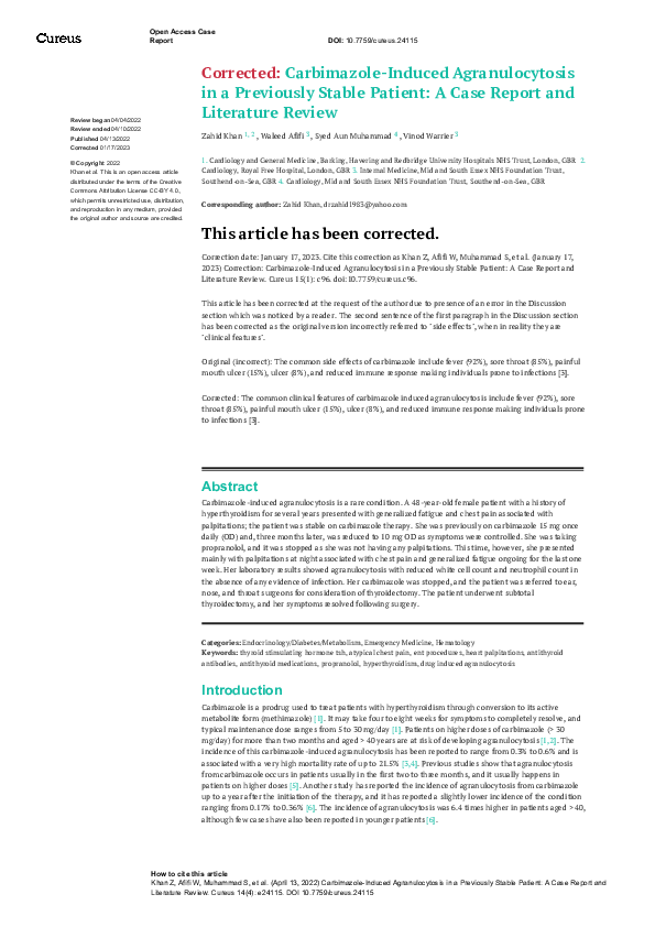 (PDF) Carbimazole-Induced Agranulocytosis in a Previously Stable ...